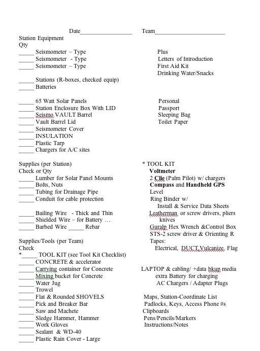 Station Installation Suggested Materials List | EarthScope Primary ...